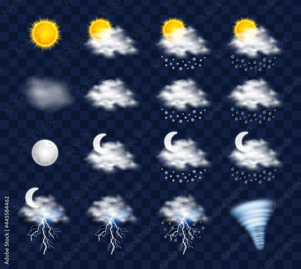 Realistic weather icons set isolated on transparent background ...