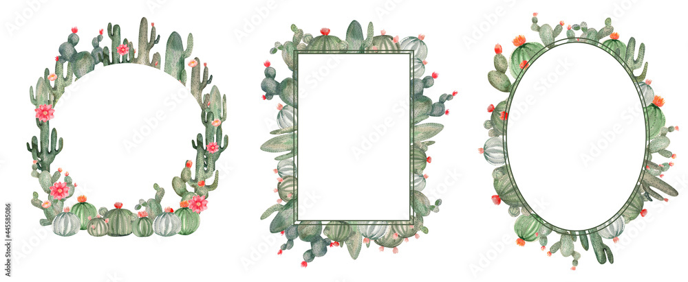 Watercolor set of wild cactus frames. Desert blooming cacti templates ...
