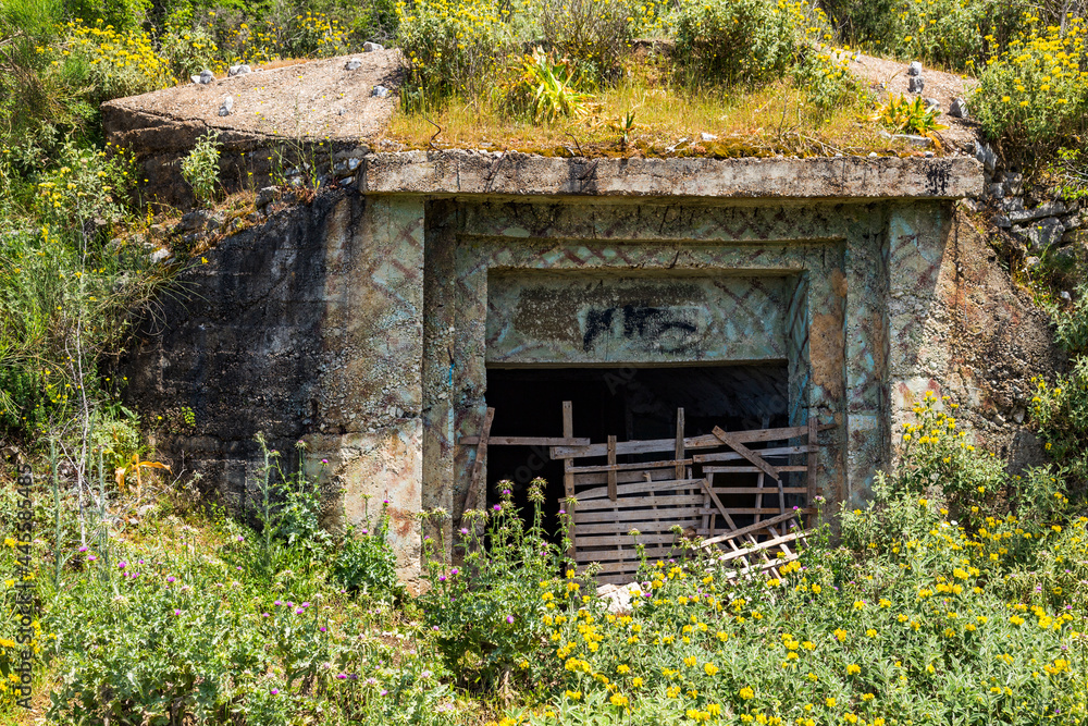 Closeup of one of the countless military concrete bunkers or pillboxes ...