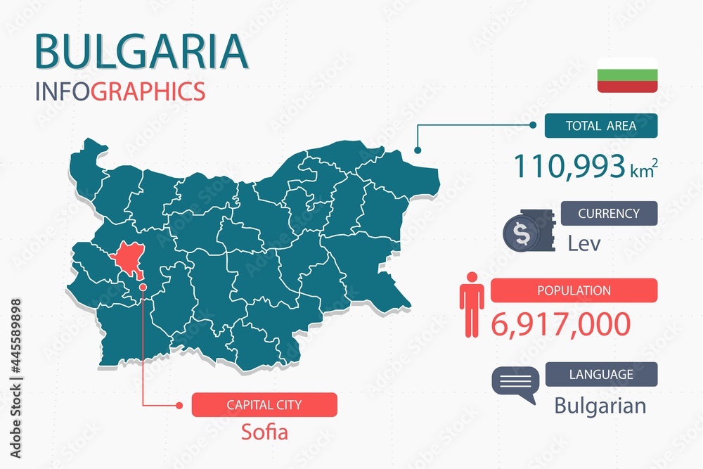 Bulgaria map infographic elements with separate of heading is total areas, Currency, All ...