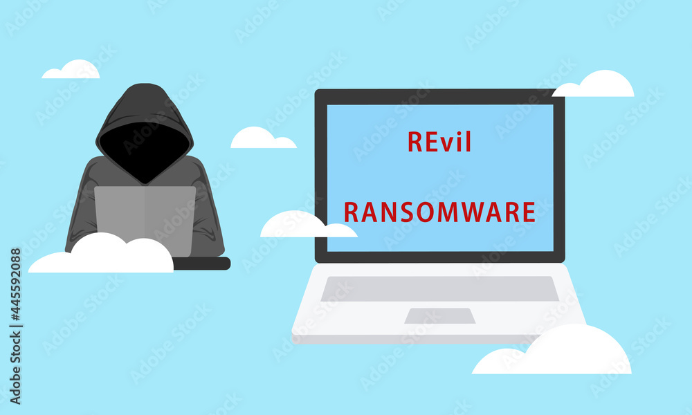 Illustration of hacker attacking computer system with REvil Ransomware ...