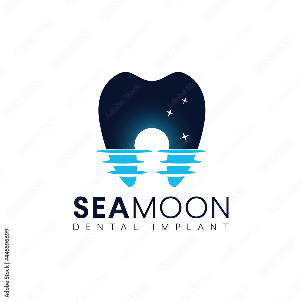 seamoon dental implant logo with sceen sea and reflection of moon make ...