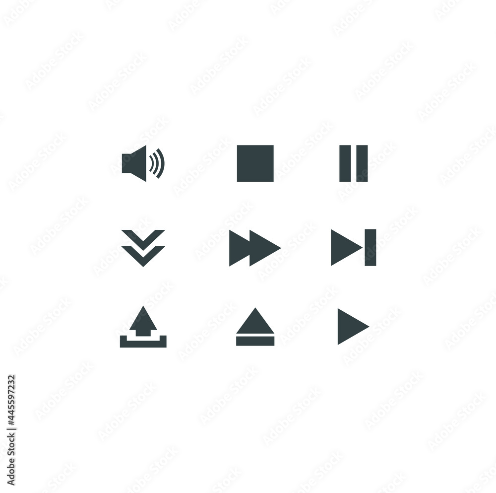 Music player icons, different directional arrow icons, play, pause next ...