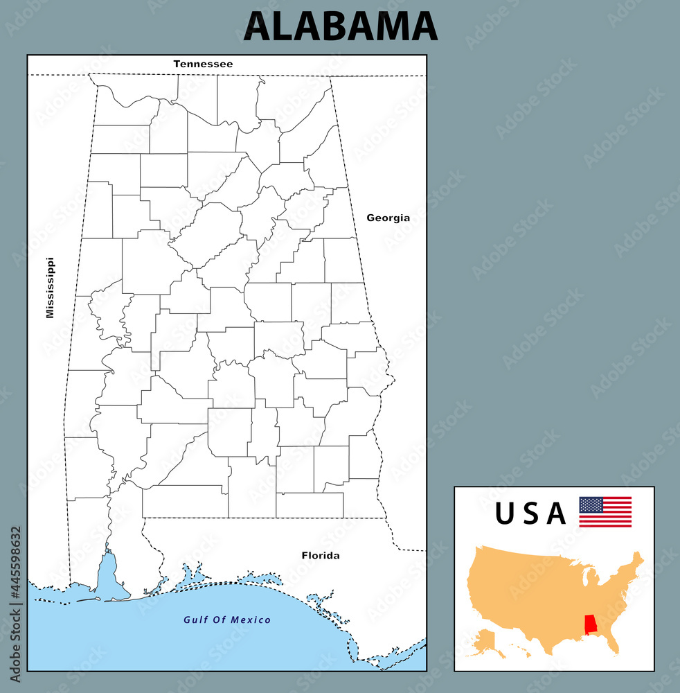 Political map of Alabama with boudaries in Outline. Stock Illustration ...