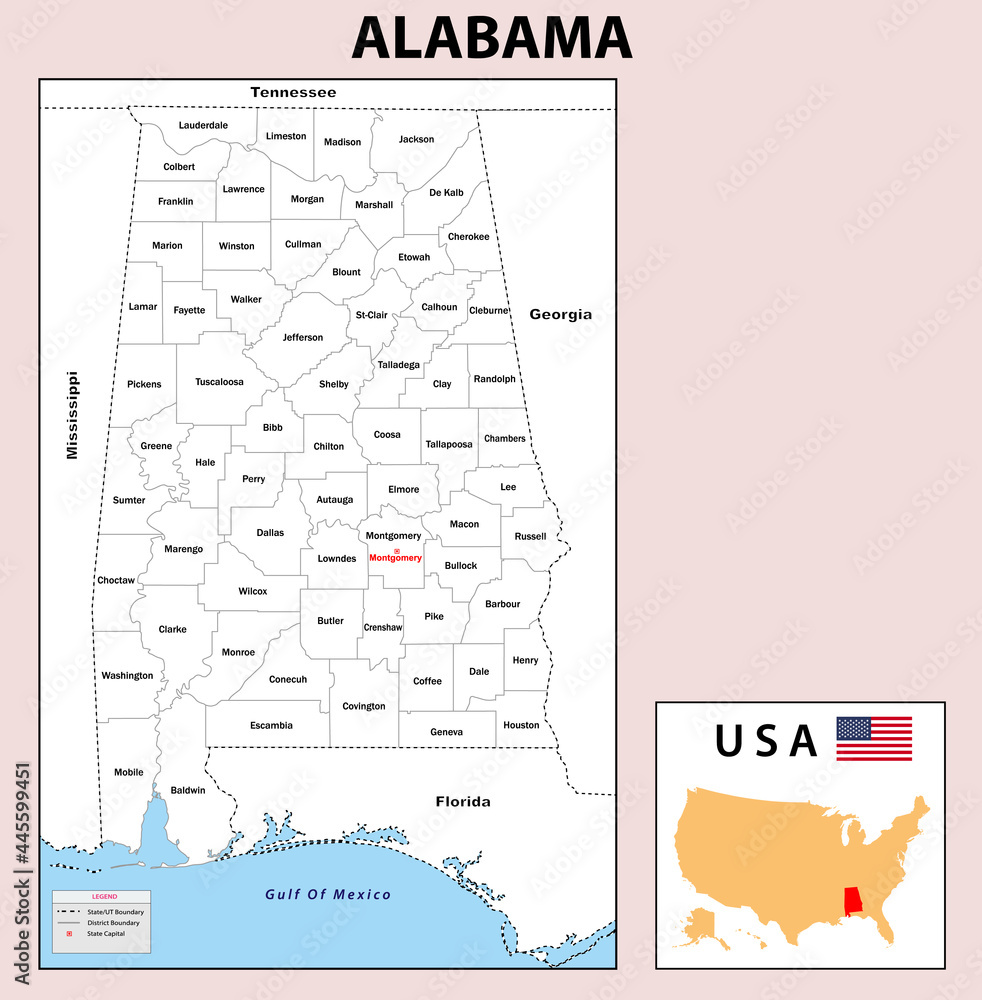 Alabama Map. State and district map of Alabama. Administrative and ...