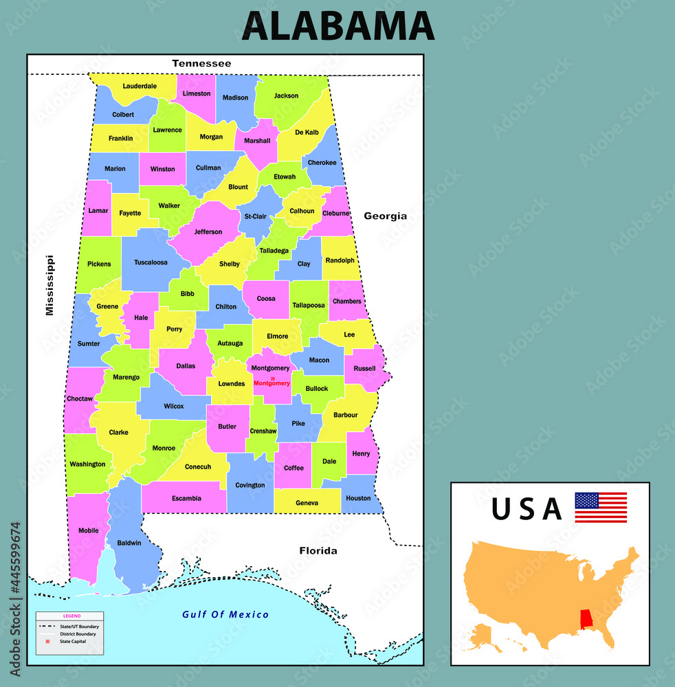 Alabama Map. State and district map of Alabama. Administrative and ...