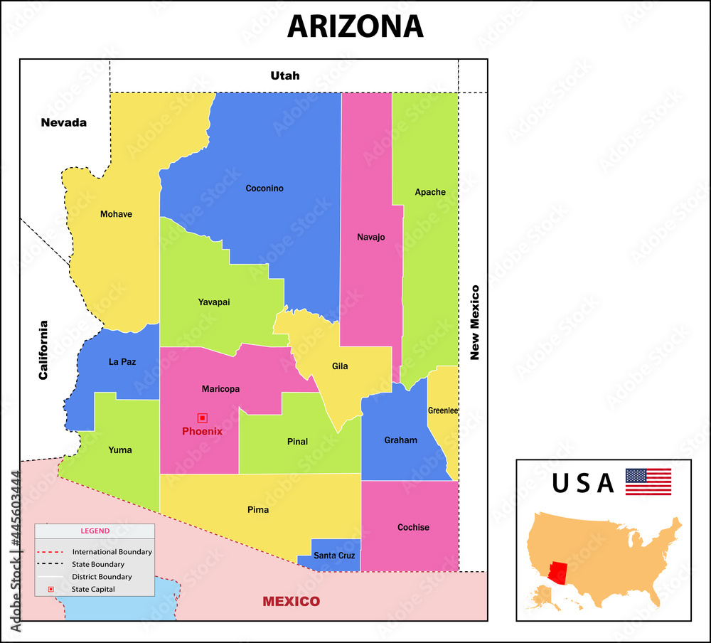 Arizona Map. State and district map of Arizona. Administrative and ...