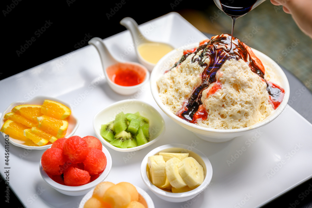 Fruit bingsu or shaved ice topped with toppings Korean Snowflake Shaved ...