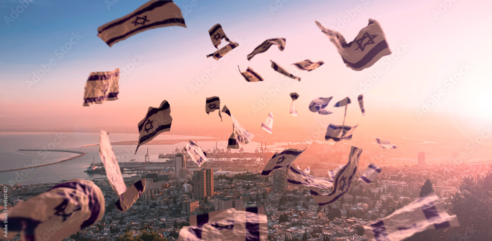 Flags of Israel against an Endless Panoramic View in the City of Haifa ...