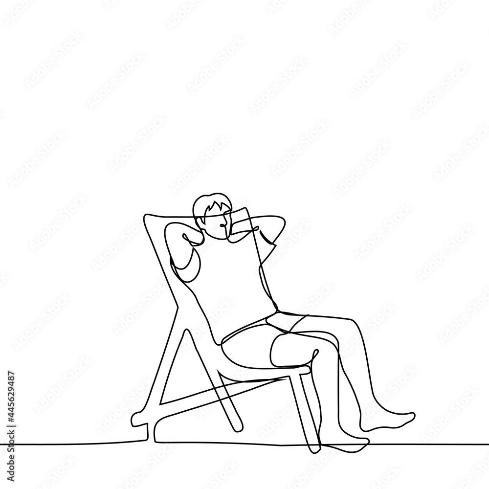 Vetor de man in a T-shirt and short shorts sits in a chaise lounge with ...