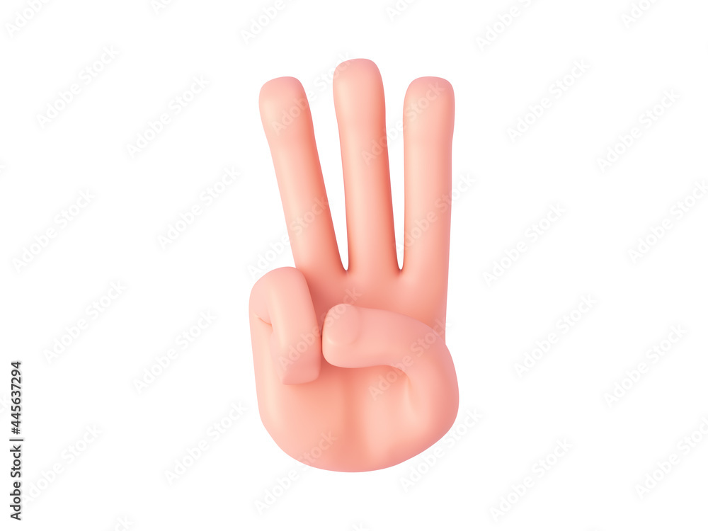 3d render, cartoon hand shows three fingers. Finger counting gesture ...
