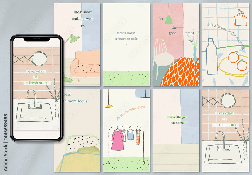 Quote with Cute Hand Drawn Home Interior Banner Template Set Stock ...