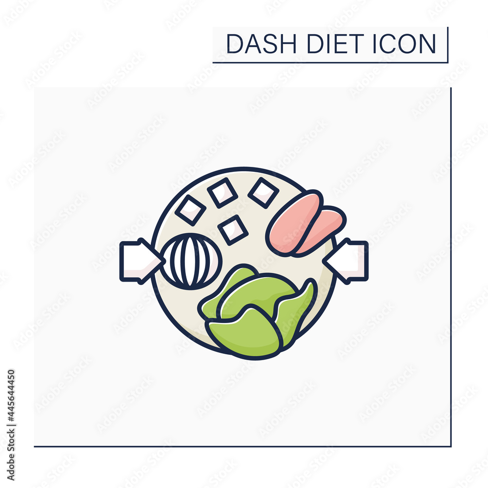 Healthy food color icon. Feta and kale, sweet potato and vegetables on ...