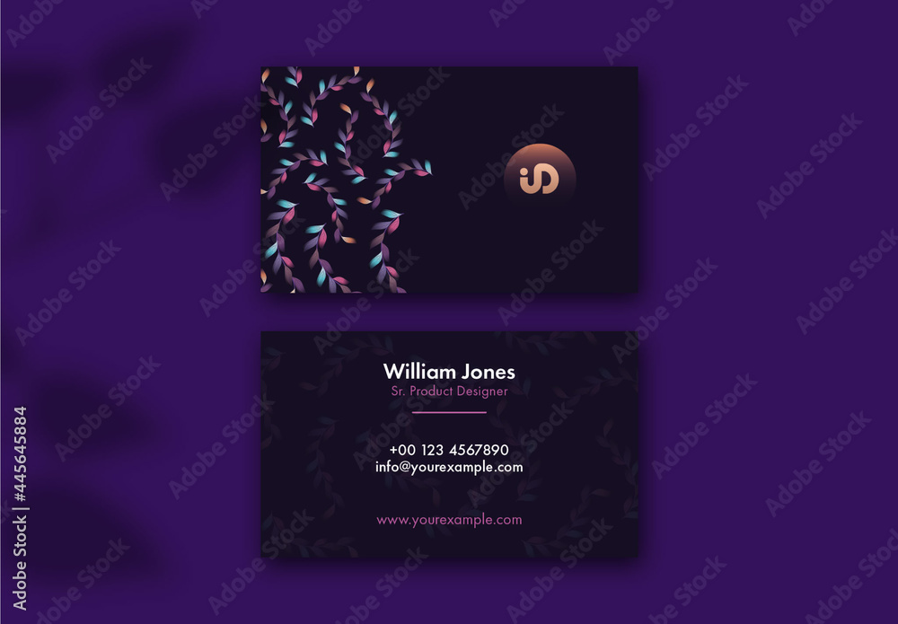 Purple Color Business Card with Leaves in Front and Back View Stock ...