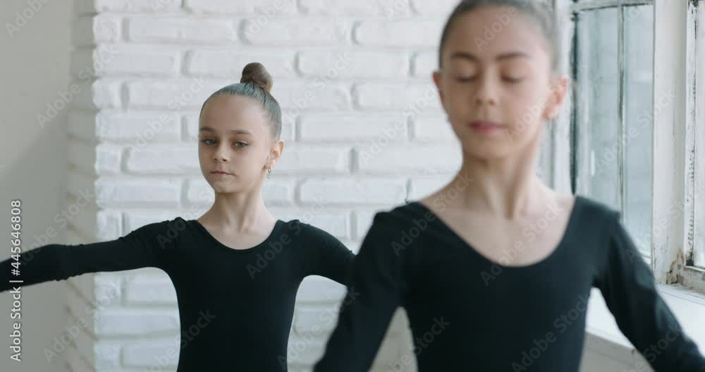 Young girls in dance class. Kids wearing leotards standing near window ...