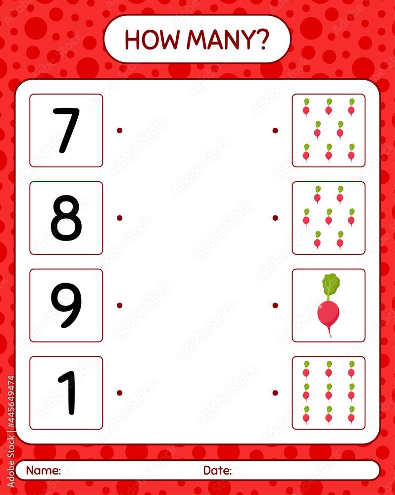 How many counting game with radish. worksheet for preschool kids, kids ...