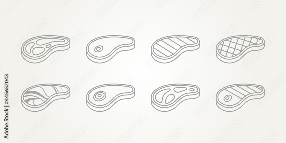 set of raw meat and grilled beef steak line art icons template vector ...