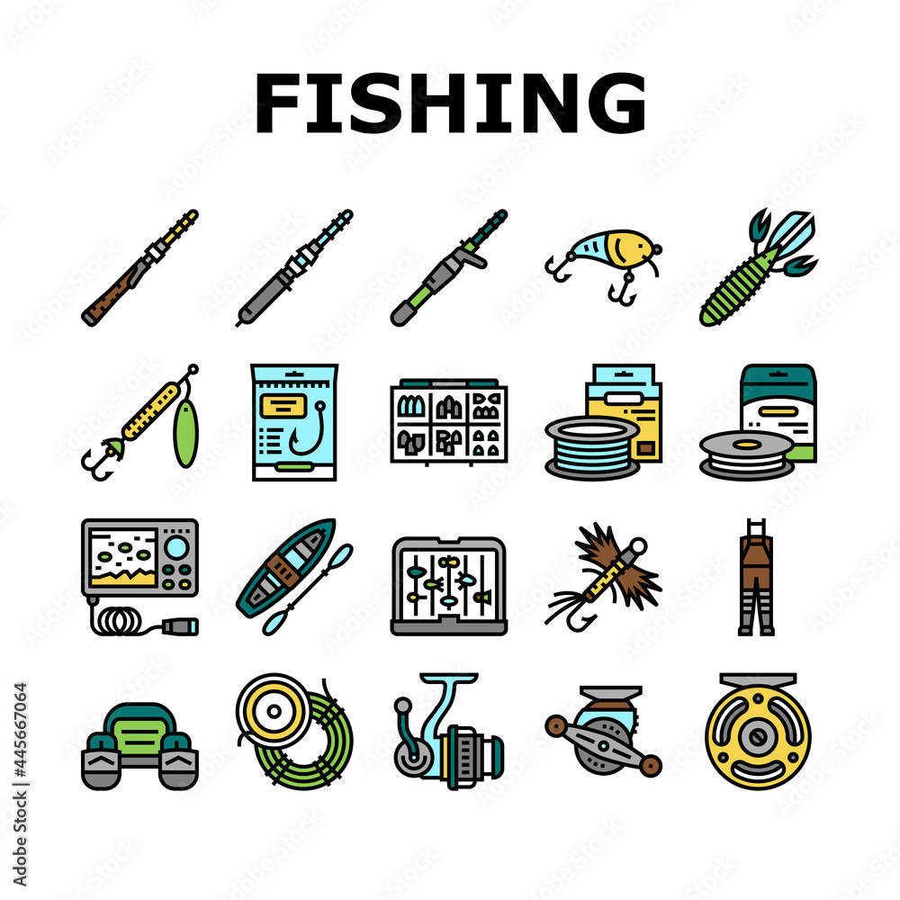 Fishing Shop Products Collection Icons Set Vector. Bait Cast Reel With ...
