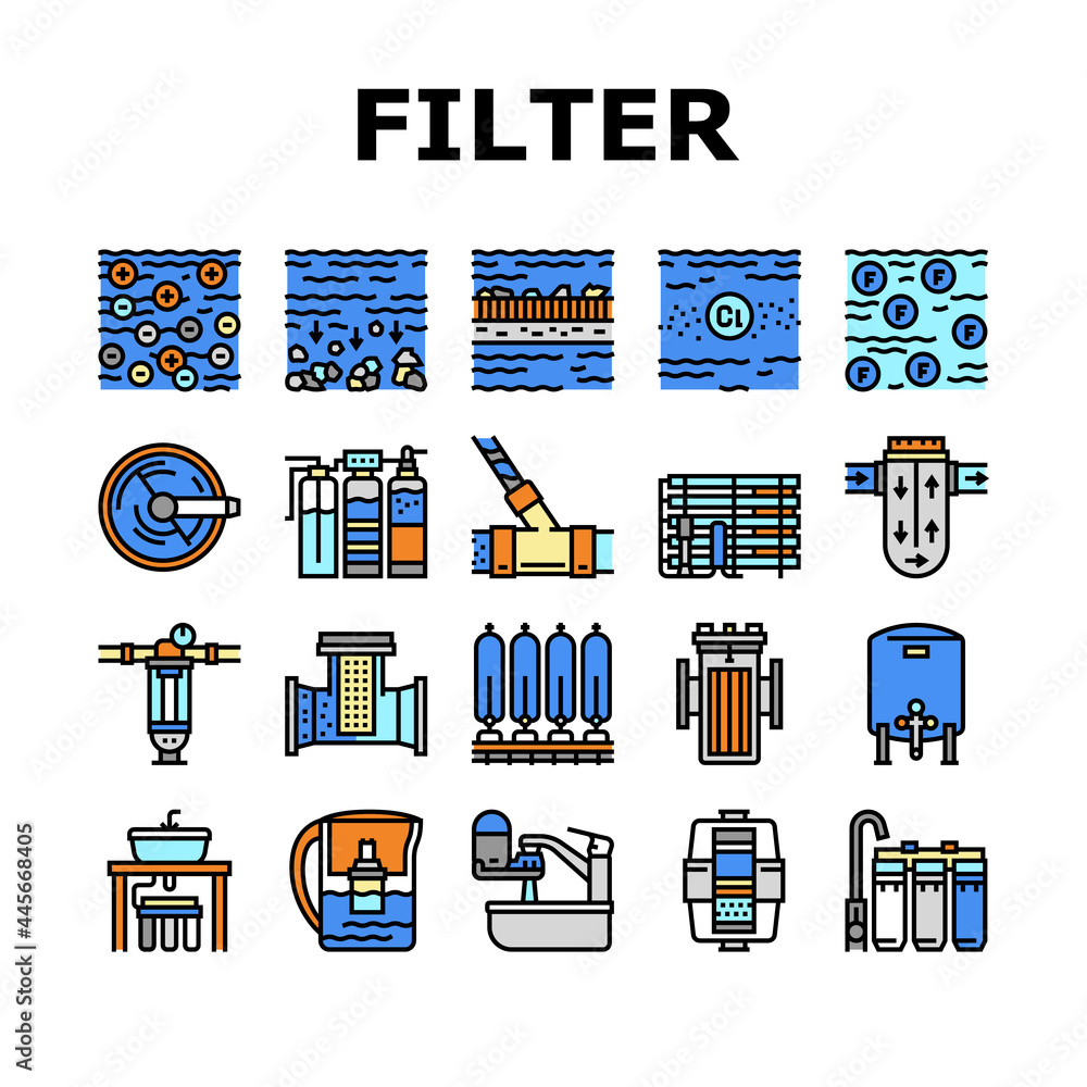 Water Filter Equipment Collection Icons Set Vector. Industrial And Home ...