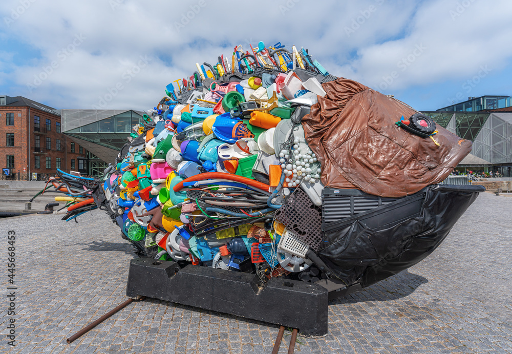 Garbage fish sculpture made of trash at King's Quay work by Hideaki ...