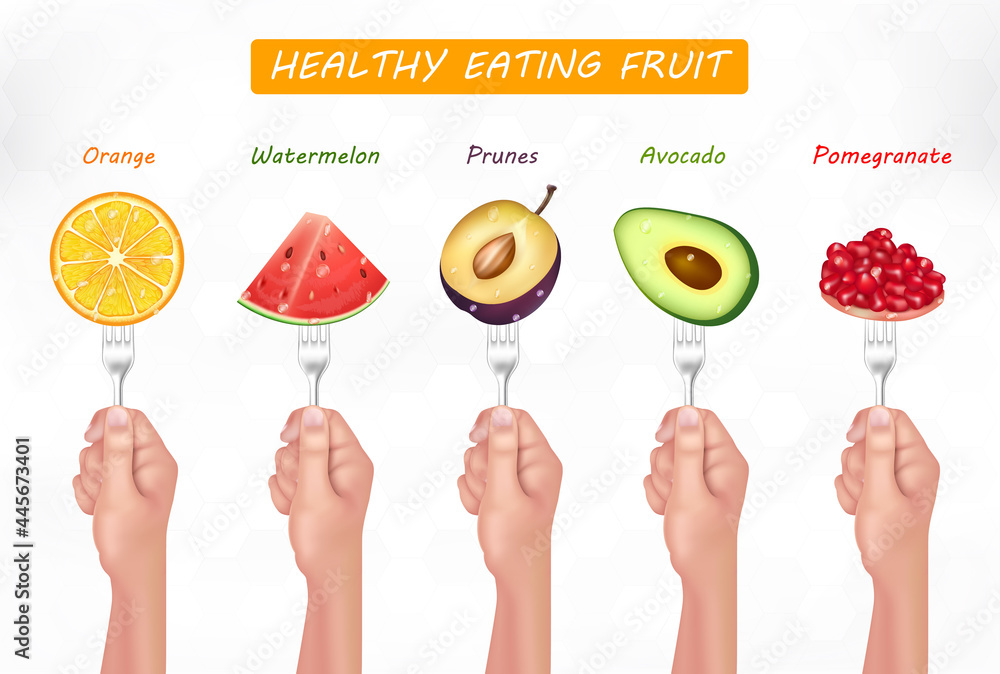 Fresh juicy sliced raw fruits on the forks with hand. Vegetarian and ...