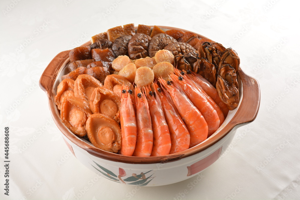 stewed braised luxury Peng cai with mixed seafood tiger prawn, scallop ...