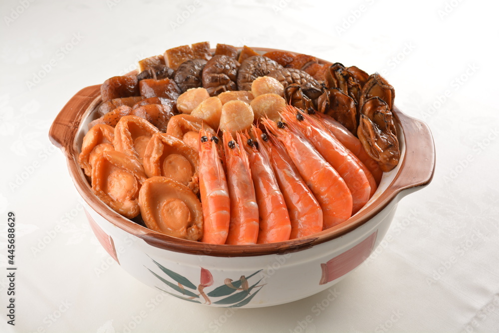 stewed braised luxury Peng cai with mixed seafood tiger prawn, scallop ...