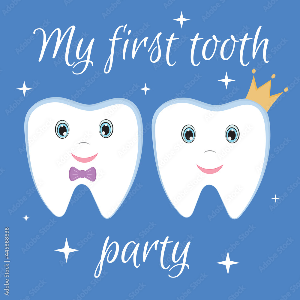 Vetor de Cute first tooth party postcard and invitation card. Cute ...