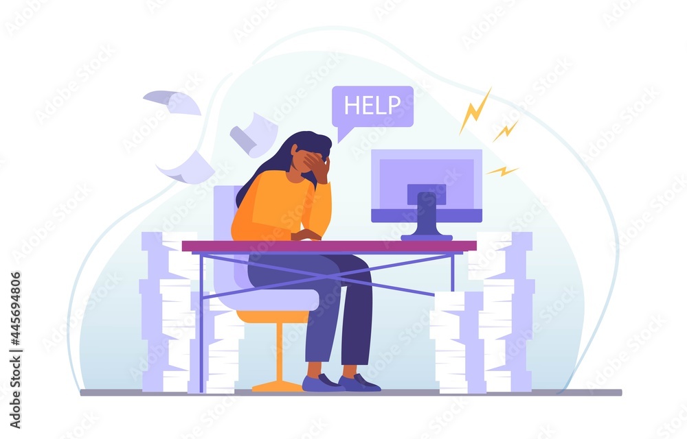 Stress at work concept. A sad, tired girl is sitting at her desk and ...