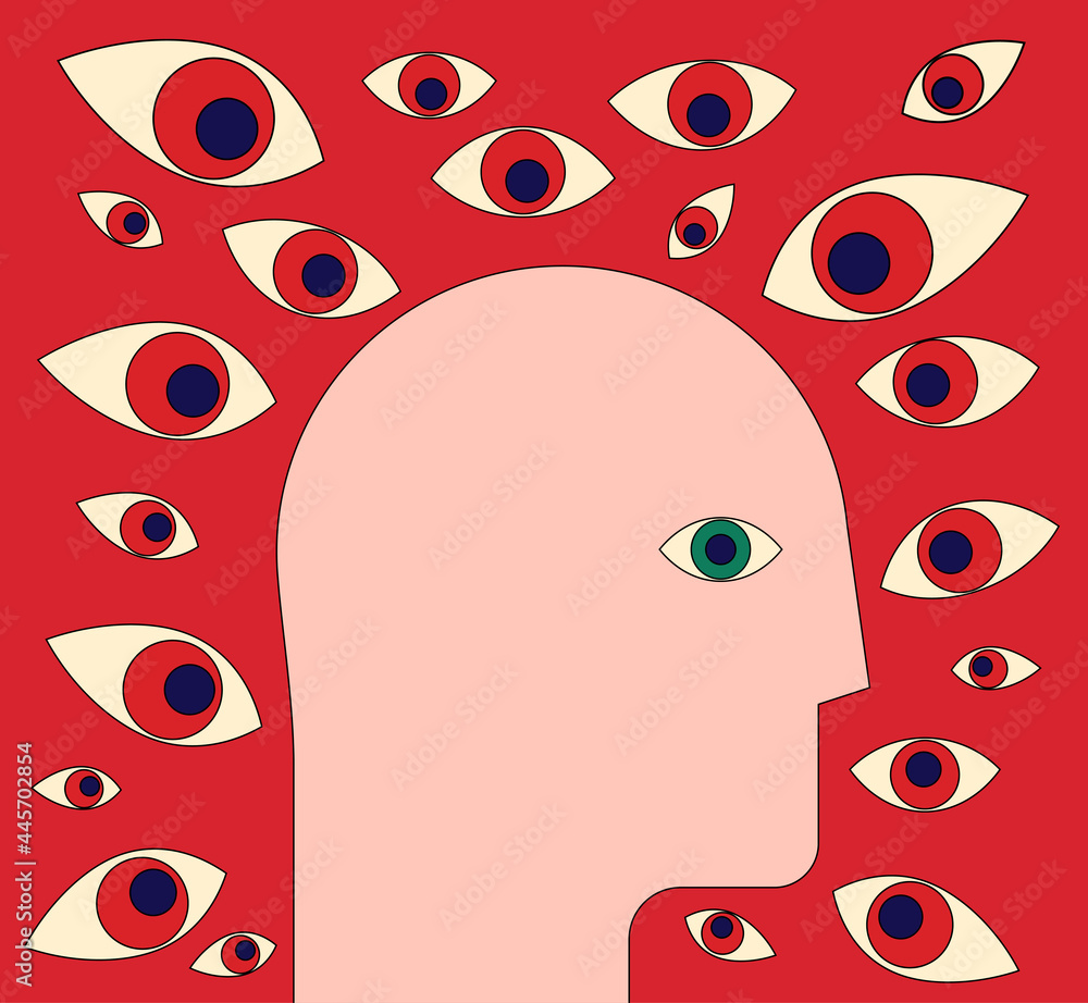 Poster Paranoia or surveillance or panic attack concept with human head ...