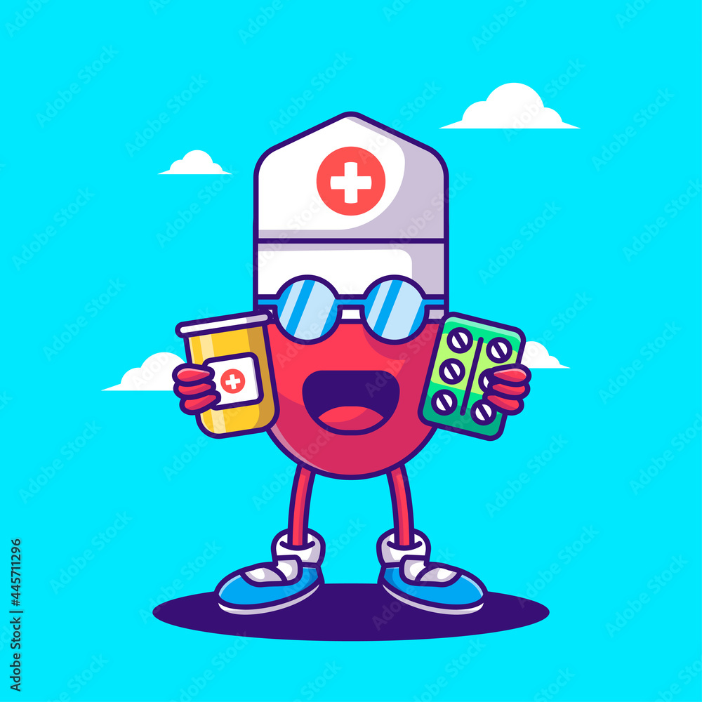 Cute Cartoon Vector Illustrations Pill Character holding Drugs ...