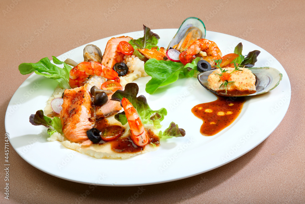 grill bbq bake seafood platter with salmon fish, cod fish, muscle ...