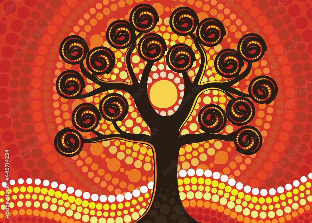 Aboriginal tree art on hill depicting nature Stock Vector | Adobe Stock