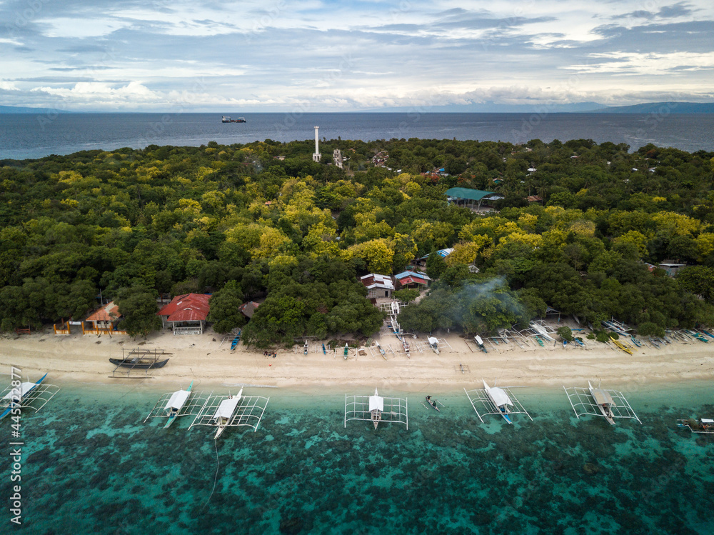 Scenic Aerial Drone Panorama Picture of A White Sand Beach with Bangka ...