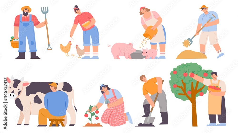 Working farmers. Agricultural worker milk cow, feed chickens and pigs ...