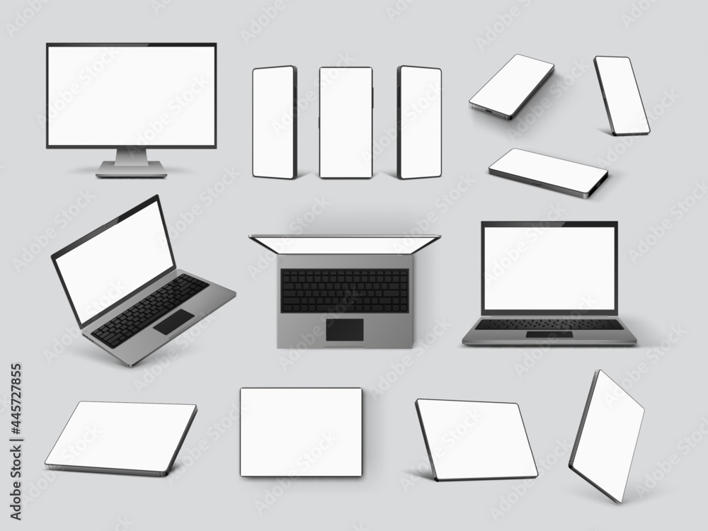 Gadgets mockups. Realistic laptop, mobile phone, computer monitor ...