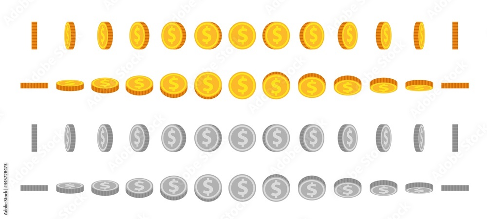 Cartoon coin animation sprites. Gold and silver coins flip and rotate ...