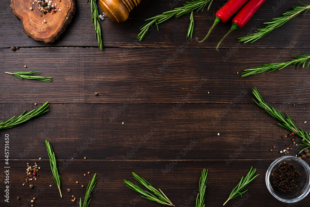 Herbs and spices at wooden table. Cooking or food background. Food ...
