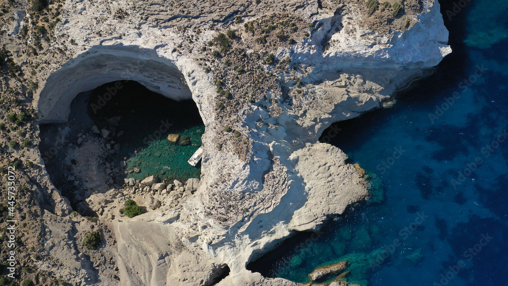 Aerial drone photo of beautiful volcanic open cave of Sykia a ...
