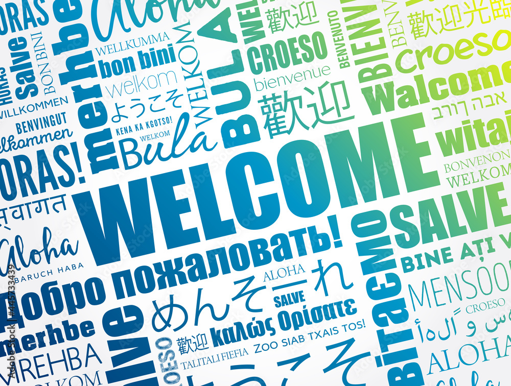 WELCOME word cloud in different languages, conceptual background Stock ...