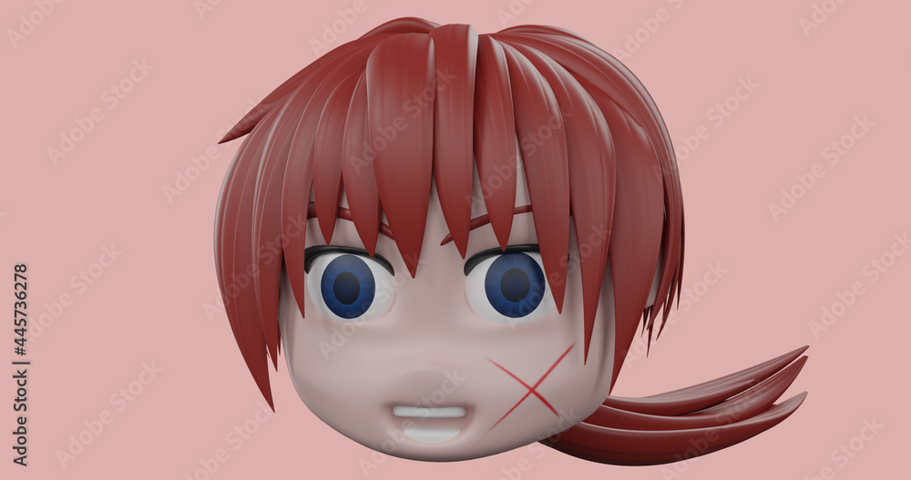 3D illustration of samurai head character with X shaped scar. Cartoon ...