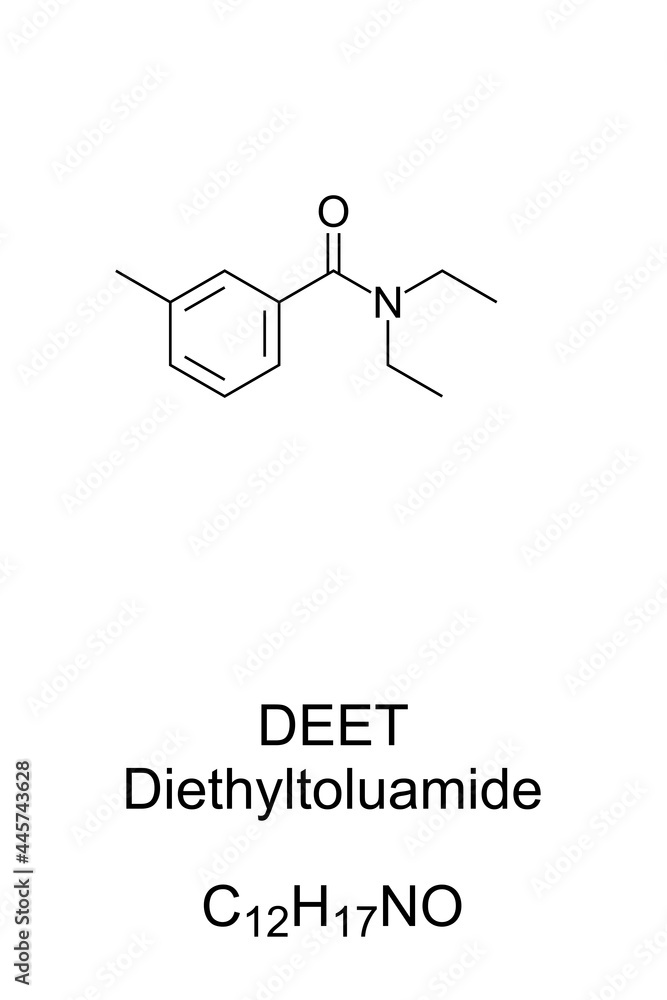 DEET, chemical formula and structure. Diethyltoluamide, most common ...