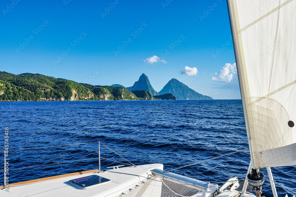Sailing to the Pitons in the Caribbean Sea at Soufriere, St. Lucia ...
