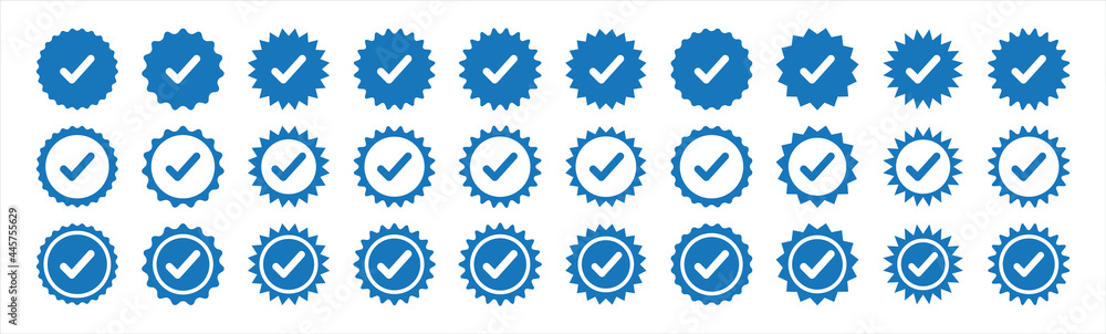 Set of blue check mark badge icons. Tick style Vector illustration ...