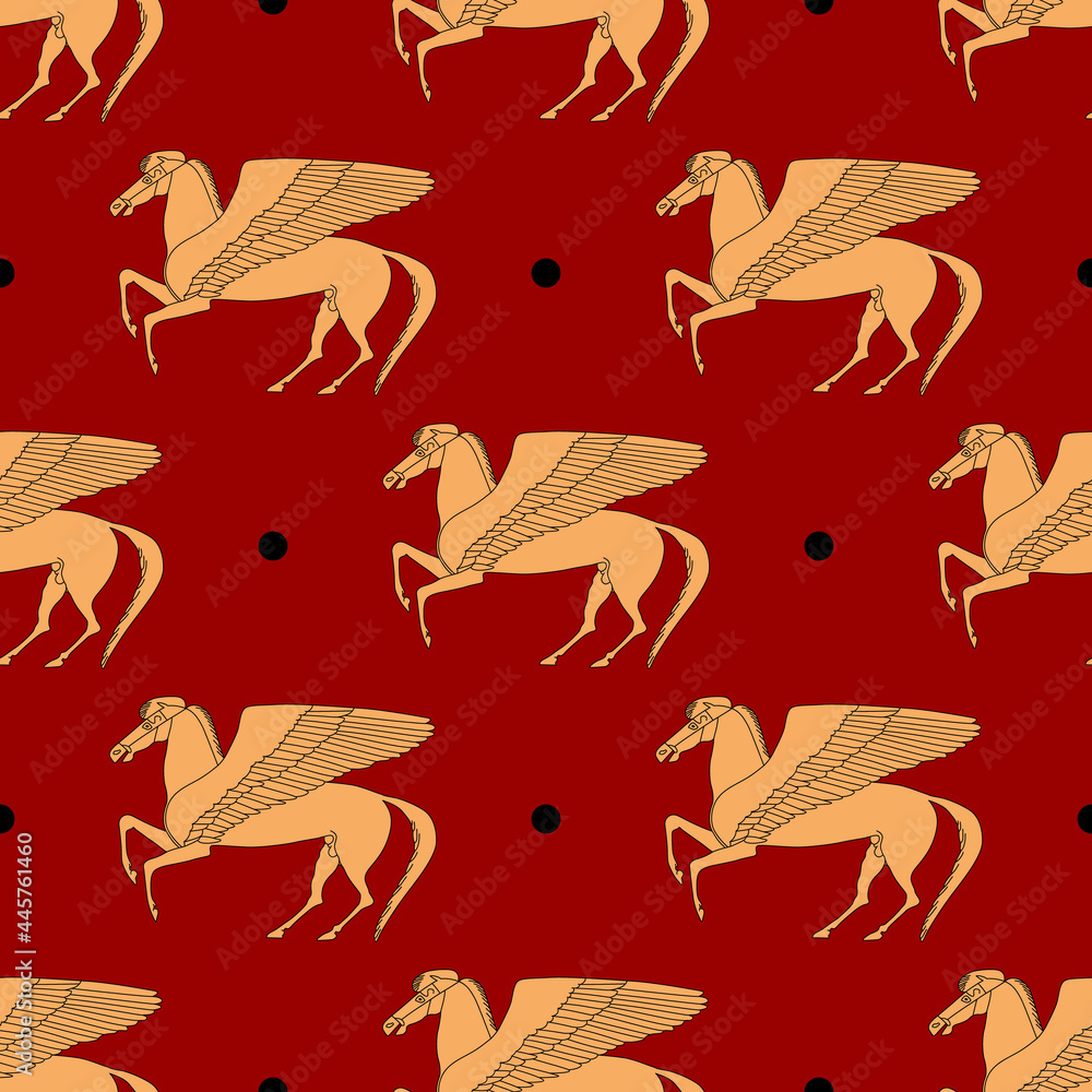 Seamless vintage pattern with winged horse Pegasus. Ancient Greek mythology. Stock Vector ...