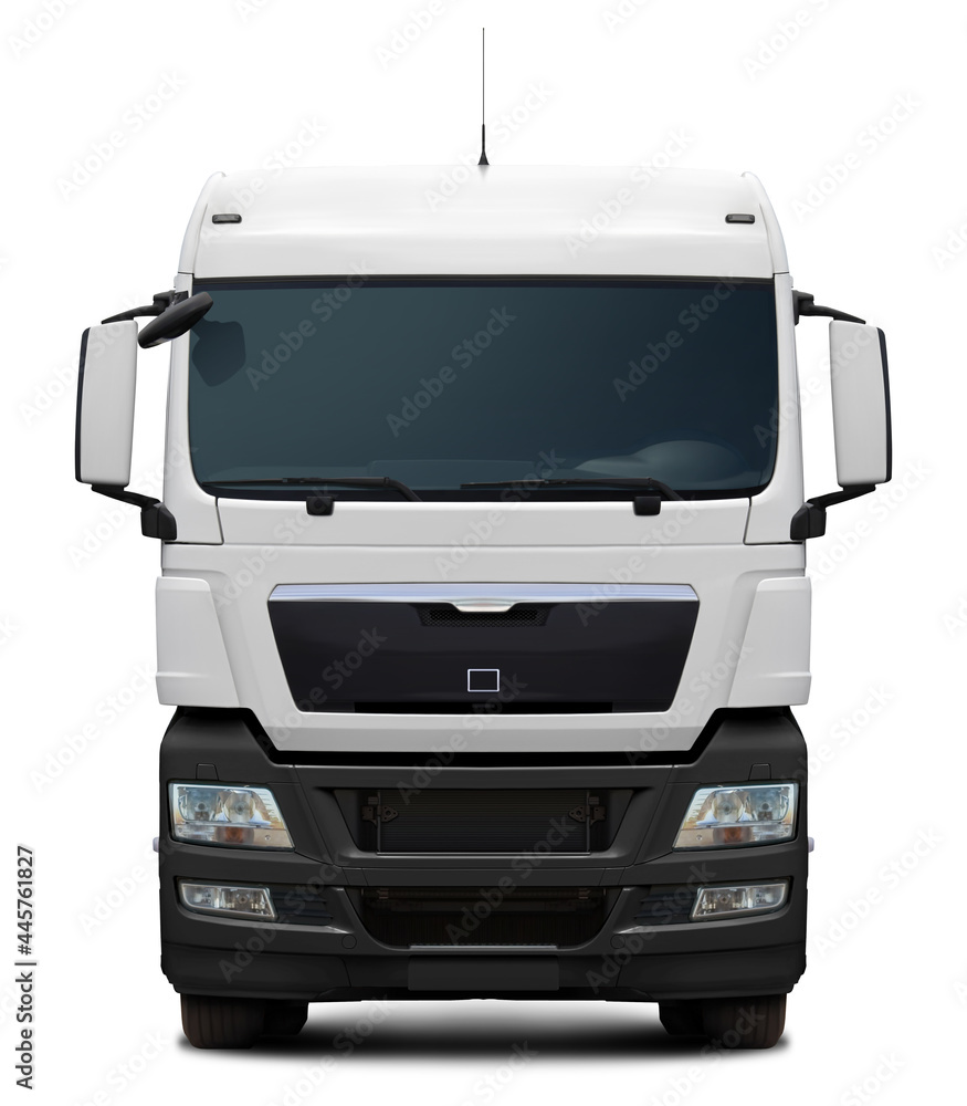European modern truck in white with a black plastic bumper. Front view ...