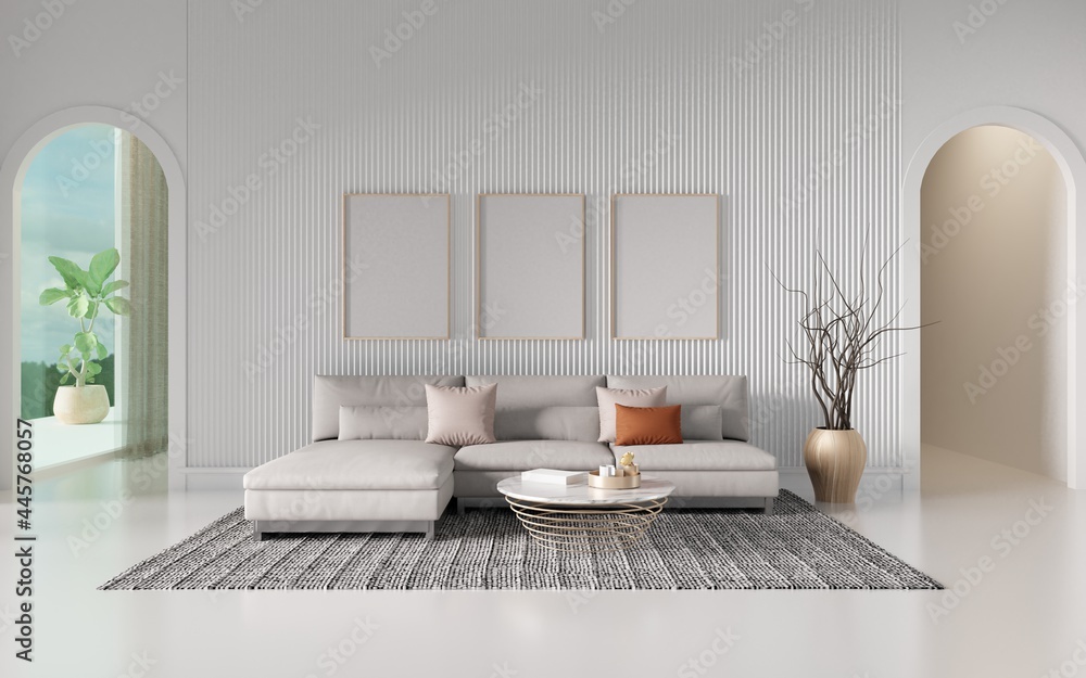 Contemporary interior design for 3 poster frames in a white tone living ...