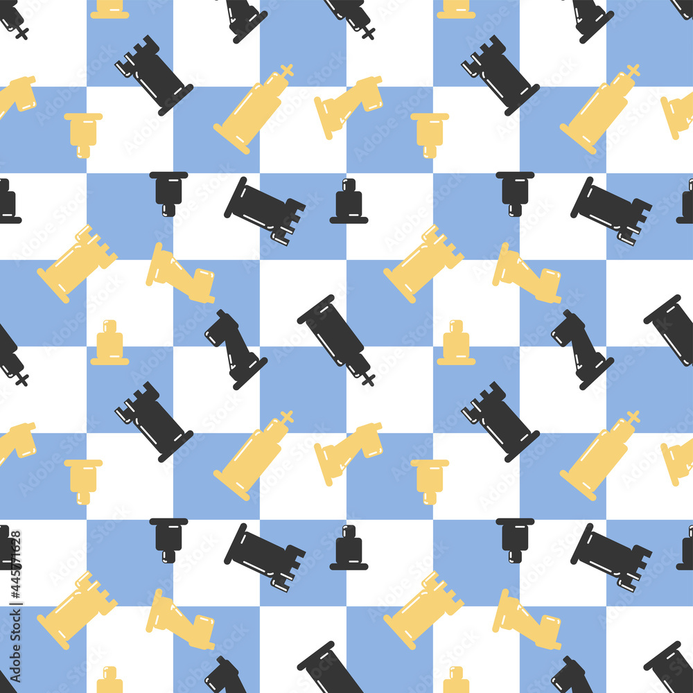 Chessboard with chessmans seamless pattern. Blue white check. Chess day ...