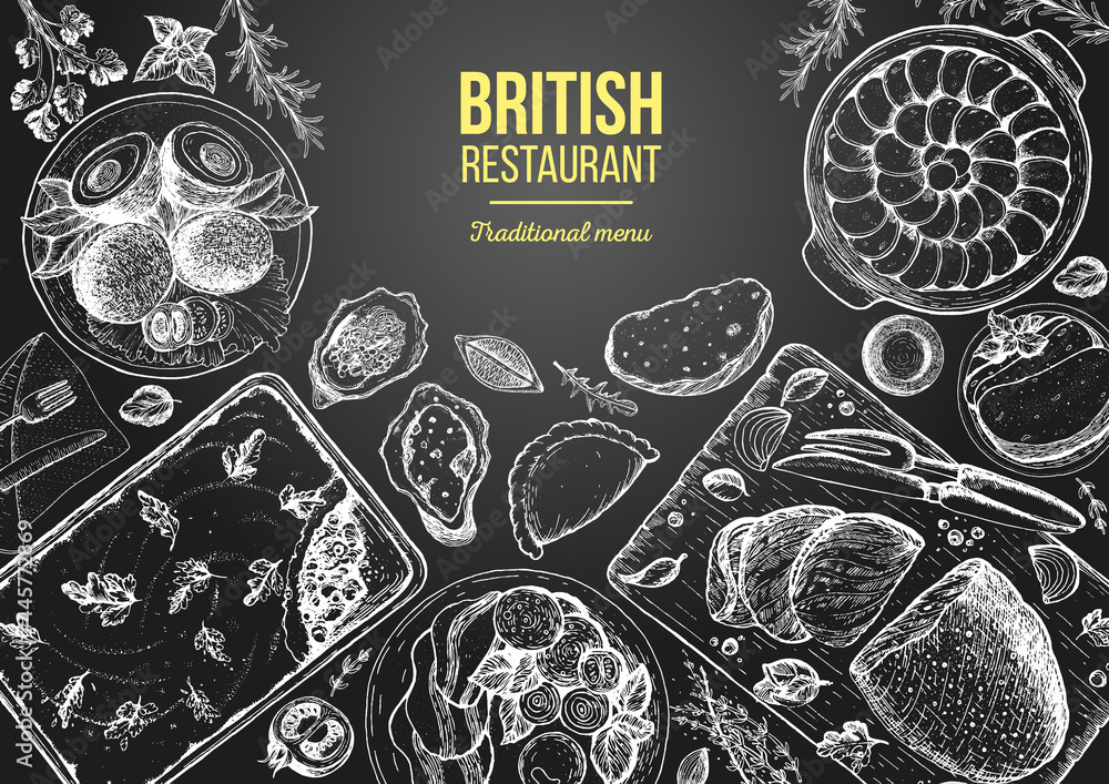 British cuisine top view frame. Food menu design with traditional ...