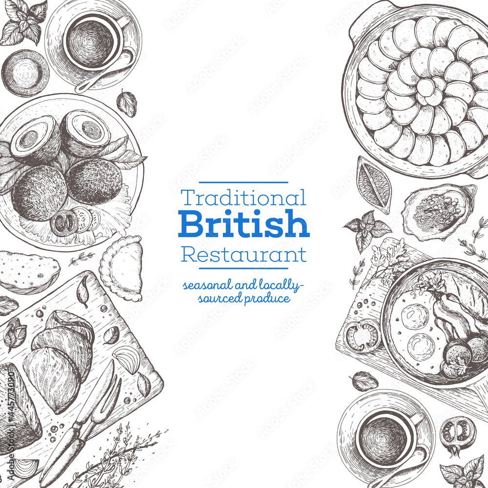 British cuisine top view illustration. Food menu design with ...